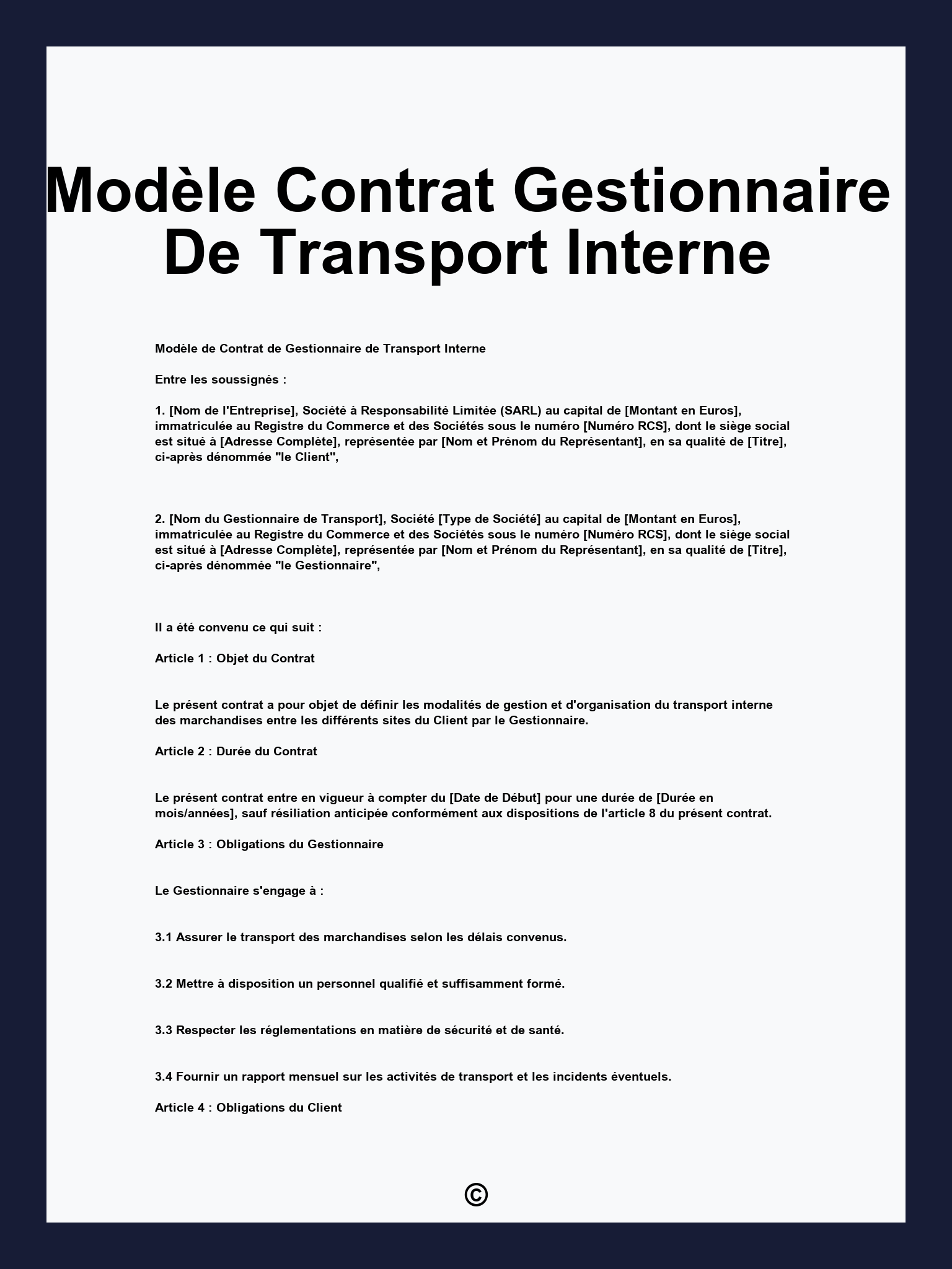 Modèle Contrat Gestionnaire De Transport Interne