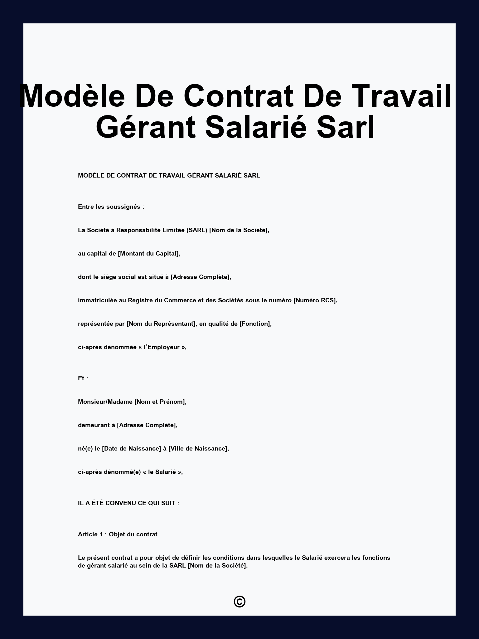 Modèle De Contrat De Travail Gérant Salarié Sarl