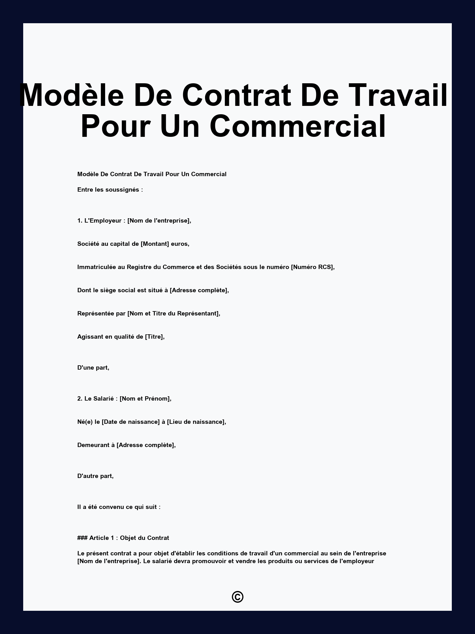 Modèle De Contrat De Travail Pour Un Commercial