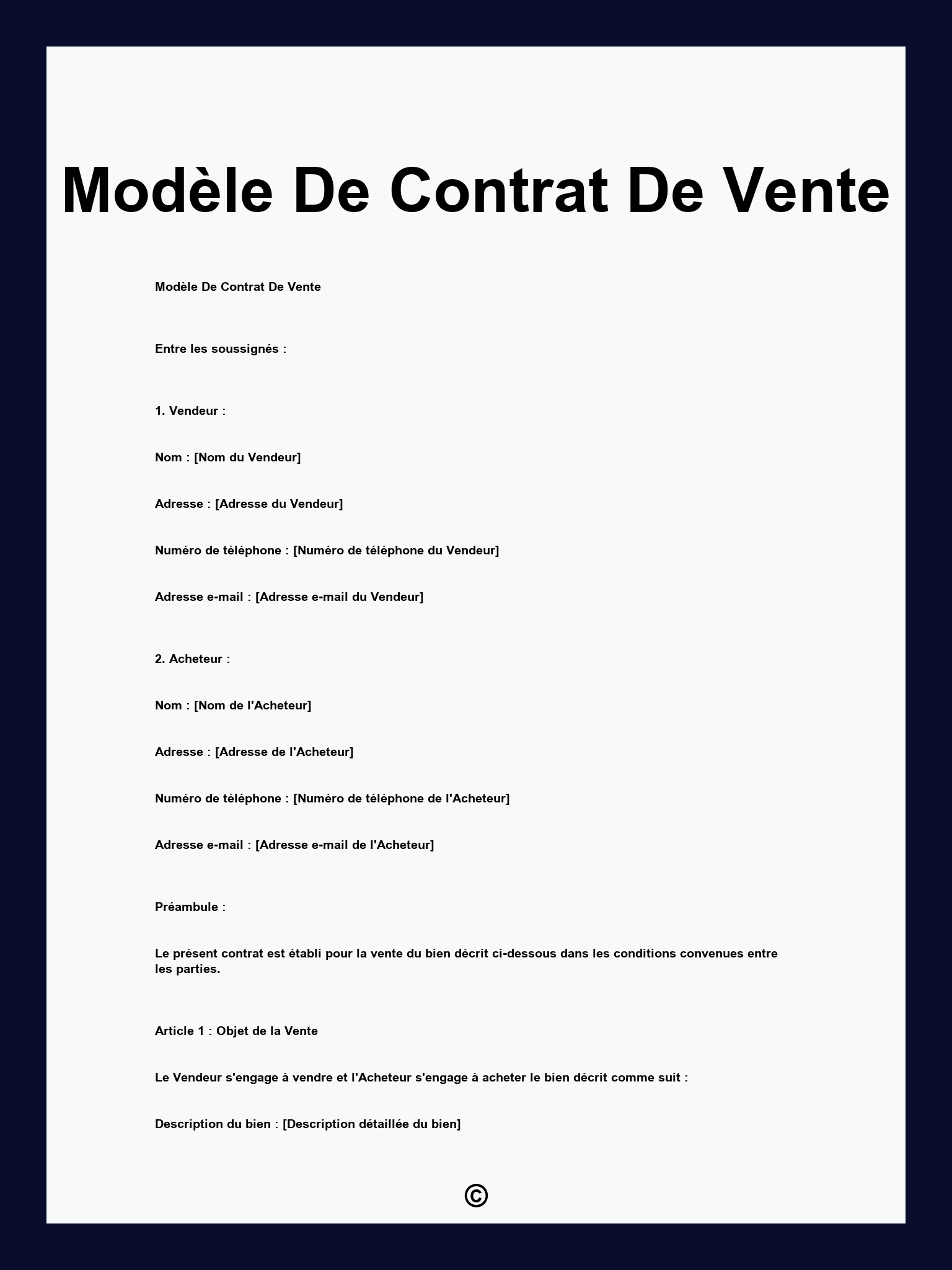 Modèle De Contrat De Vente Modèle De Contrat De Vente